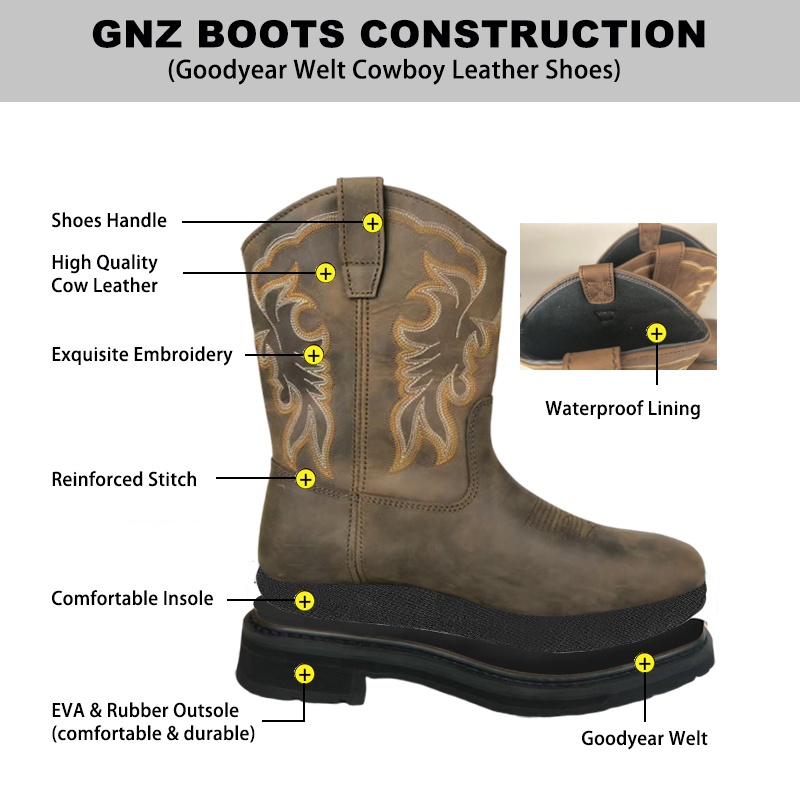 China Embroidery Goodyear Welt Boots Cowboy Grain Leather Working Shoes ...