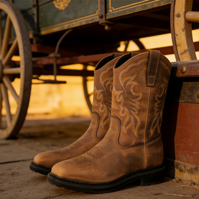 China Embroidery Goodyear Welt Boots Cowboy Grain Leather Working Shoes ...